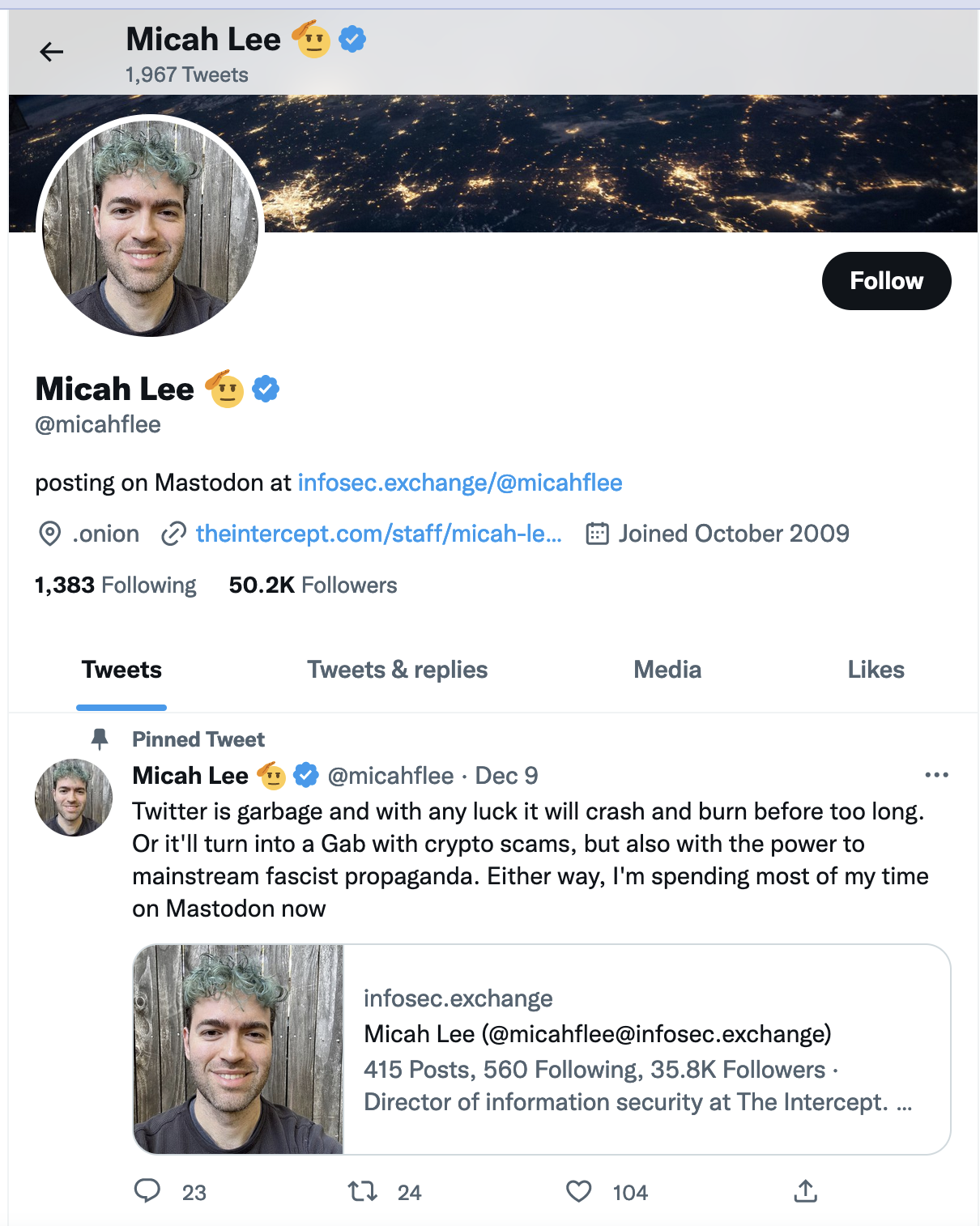Micah Lee: "I'm glad my Twitter bio and pinned tweet contain ...